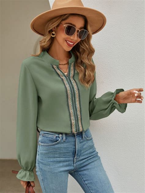 SHEIN Clasi Contrast Tape Flounce Sleeve Notched Neck Blouse SHEIN UK