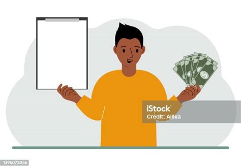 한 남자가 한 손에는 많은 지폐를 들고 다른 한 손에는 텍스트가 비어있는 클립 보드를 가지고 있습니다 돈을 벌거나 저축하는 배너