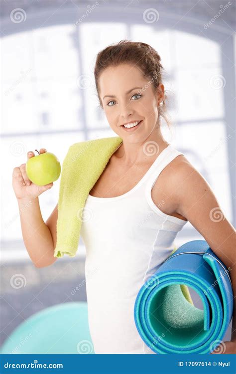 Attractive Female Having Apple After Workout Stock Photo Image Of Gymnastics Copy