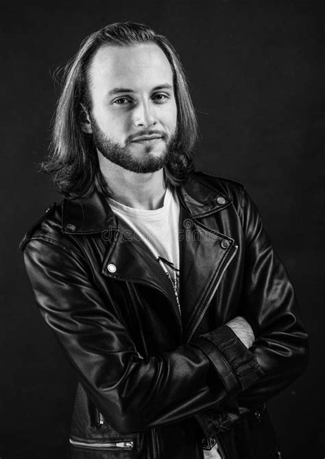 Bearded Rocker In Leather Jacket Man With Long Hair Rock Style