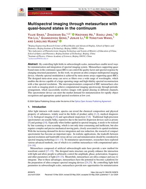 Pdf Multispectral Imaging Through Metasurface With Quasi Bound States