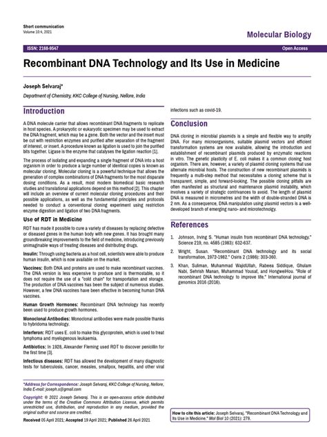 Recombinant Dna Technology And Its Use In Medicine Pdf Molecular