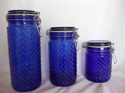 Blue Hobnail Glass Canister Set Retro Hipster Modern
