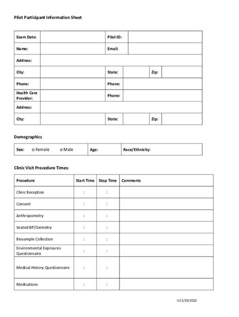 Fillable Online Pilot Participant Information Sheet Demographics Sex