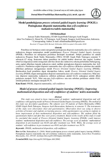 Pdf Model Pembelajaran Process Oriented Guided Inquiry Learning Pogil Disposisi Matematika Dan