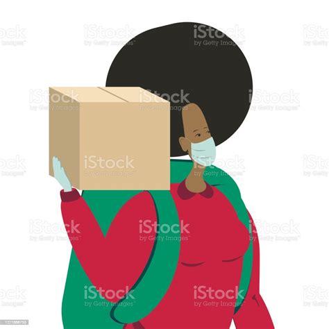 골판지 상자 배달 서비스 택배를 들고 있는 젊은 흑인 여성 캐릭터 상자를 들고 있는 아프리카계 미국인 택배 가정 주부에 대한