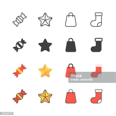 크리스마스 라인 솔리드 플랫 및 컬러 아이콘 편집 가능한 스트로크 사탕 크리스마스 스타 쇼핑 백 크리스마스 양말과 같은 아이콘이