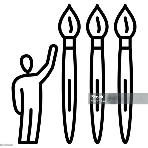 그림을 그리는 아티스트와 세 개의 브러시 화가와 페인트 브러쉬 창의력과 수리를 위한 도구입니다 아이콘 벡터 윤곽선 격리 Diy에