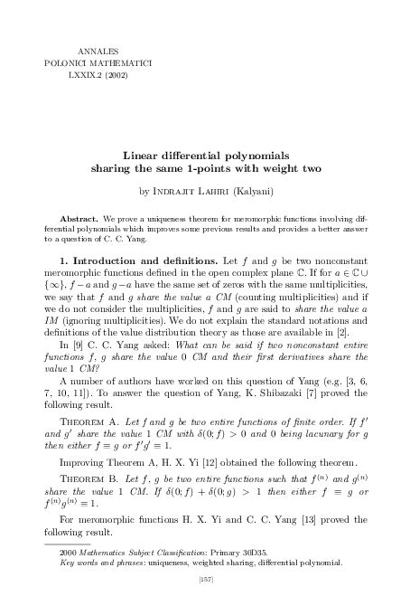 Pdf Linear Differential Polynomials Sharing The Same 1 Points With