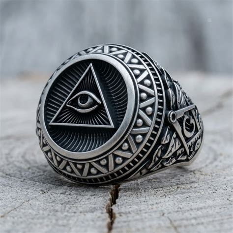 Masonic All Seeing Eye Ring In 925 Sterling Silver Oxidized Freemason