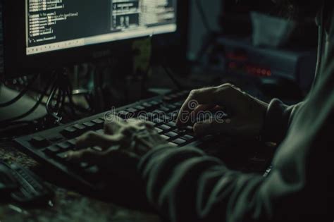 Hacker Typing On A Keyboard In Dark Room Stock Illustration