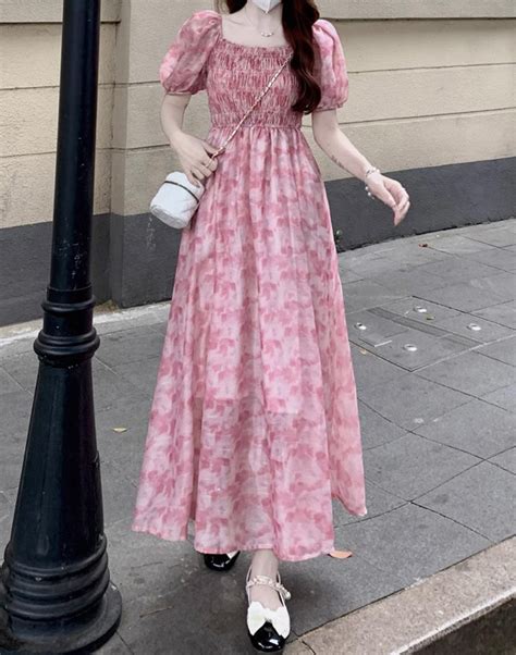 리즈고 로즈베리 핑크 스퀘어넥 쉬폰 롱 반팔 원피스 휴가 여행룩