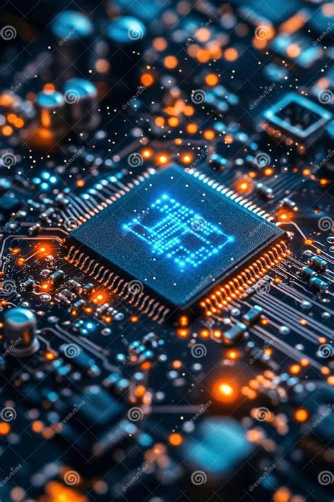 Close Up Of A Modern Microprocessor On A Circuit Board With Glowing Components At Night Stock