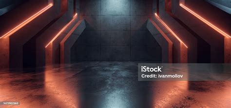 사이버 레이저 네온 오렌지 빛나는 빔 공상 과학 미래 격납고 지하 시멘트 콘크리트 헛간 벙커 복도 터널 복도 주차 3d 렌더링 네온에 대한 스톡 사진 및 기타 이미지