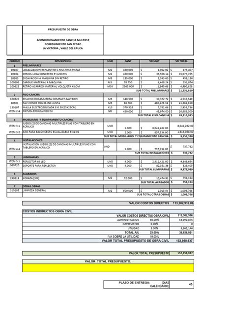 Presupuesto Cancha Multiple San Pedro Alex Pdf