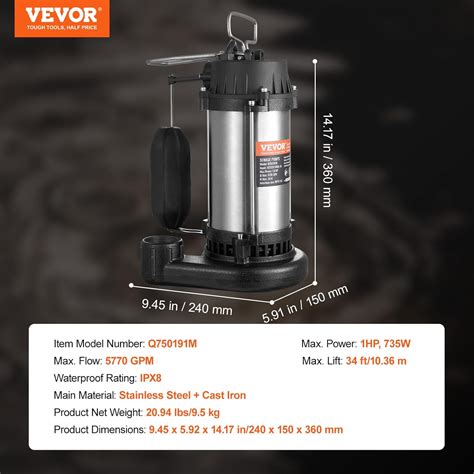 Vevor Submersible Sump Pump 1hp 5770gph 34 Ft Lift Cast Iron Sewage