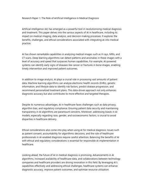 Research Paper 1 The Role Of Artificial Intelligence In Medical Diagnosis Pdf Artificial