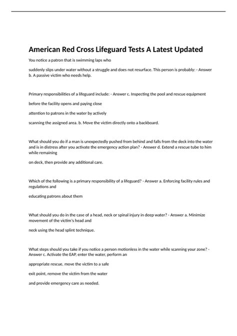 American Red Cross Lifeguard Tests A With Complete Solution American Red Cross Lifeguard