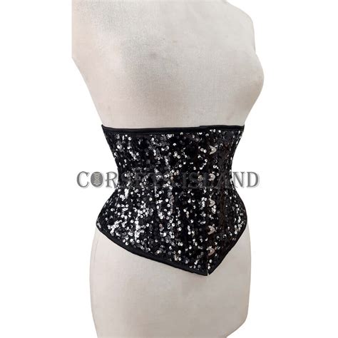 Black Sequin Steel Boned Underbust Corset Corsets Island
