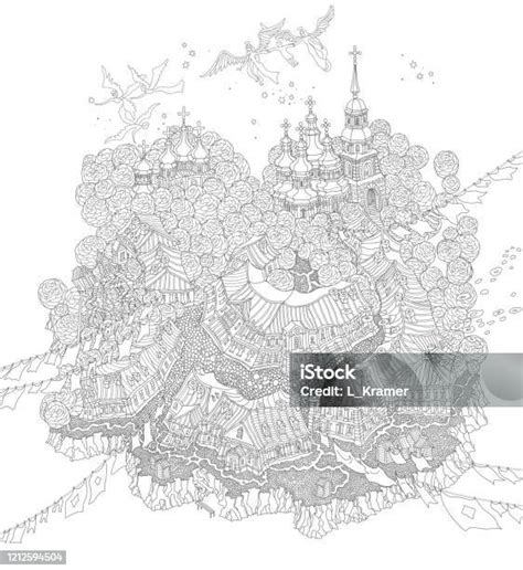 벡터 윤곽 판타지 풍경 언덕에 동화 작은 마을 인간의 영혼을 들고 비행 천사 흑백 T 셔츠 프린트 성인 색칠 공부 페이지 천사에 대한 스톡 벡터 아트 및 기타 이미지