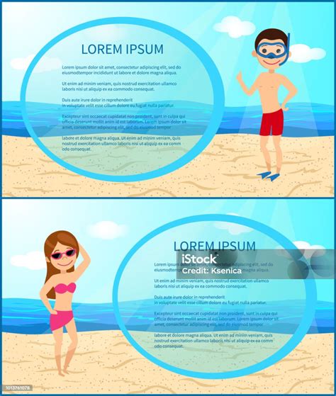 해변에서 사람들입니다 프레임 배너의 집합입니다 벡터 일러스트입니다 개체 그룹에 대한 스톡 벡터 아트 및 기타 이미지 개체
