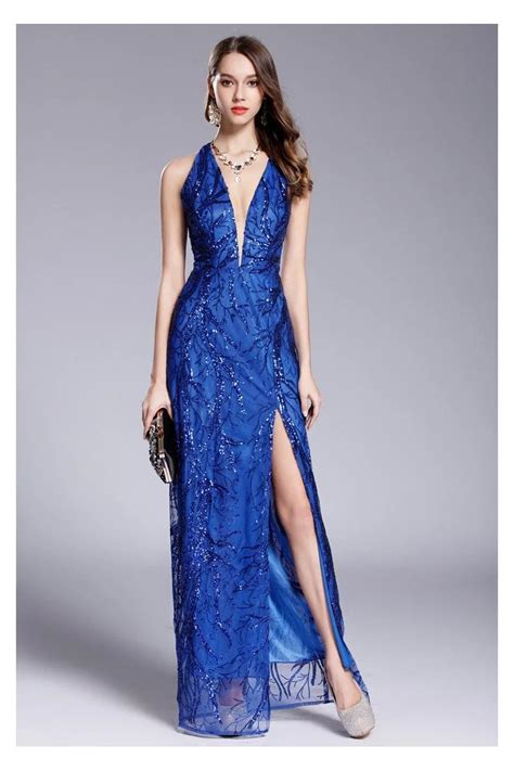 Blue Sequins Deep V Neck Slit Prom Dress 119 Ck649