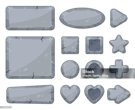 만화 돌 프레임 화살표 및 게임 앱 버튼 화강암 바위 돌 표지판 배너 및 자갈 바위 판 벡터 기호 일러스트 레이 션 세트 돌 간판 수집 0명에 대한 스톡 벡터 아트 및 기타