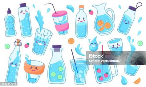 귀여운 물병과 안경 재미있는 얼굴로 용기를 마십니다 얼음과 레몬 재사용 가능한 유리 병 벡터 세트와 건강한 여름 음료 물에 대한 스톡 벡터 아트 및 기타 이미지 Istock