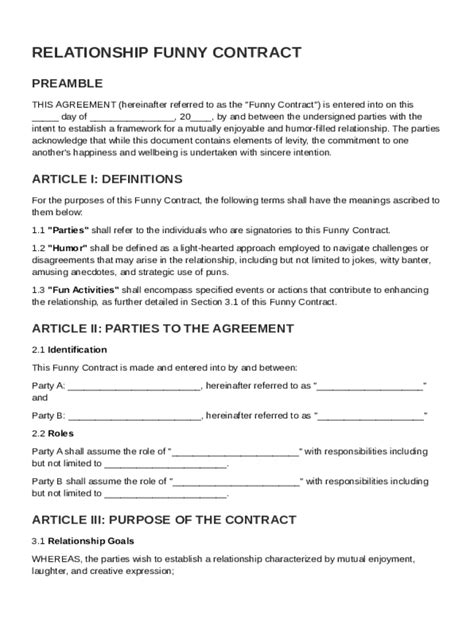 Relationship Funny Contract Template Form Fill Online Printable