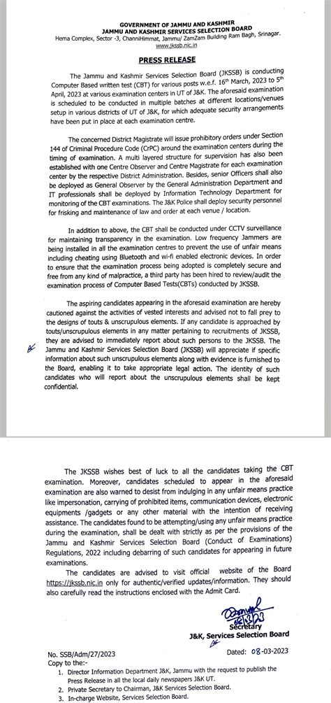 Jkssb Important Press Release Regarding Upcoming Exams