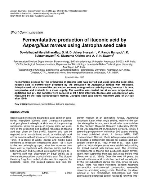 Pdf Fermentatative Production Of Itaconic Acid By Aspergillus Terreus Using Jatropha Seed Cake