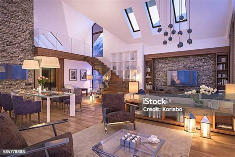 샬레의 이브닝 거실3d 렌더링 샬레에 대한 스톡 사진 및 기타 이미지 샬레 실내 0명 Istock