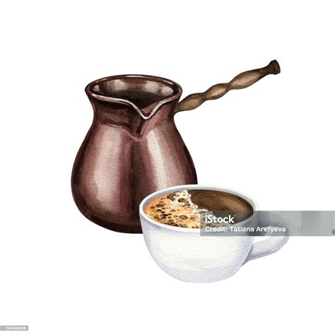 세라믹 커피 메이커 Dzhezva 터키 커피 포트 에스프레소 한잔 카페 장식을 위해 흰색 배경에 고립 된 손으로 그린 그림과 커피 테마의 수채화 구성 0명에 대한 스톡 벡터