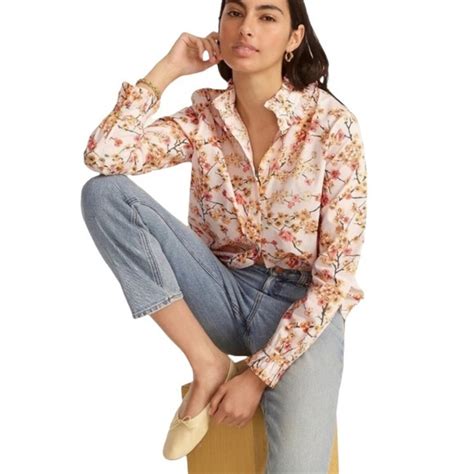 J Crew Tops Nwt J Crew Classicfit Ruffleneck Shirt In Cherry Blossoms Poshmark
