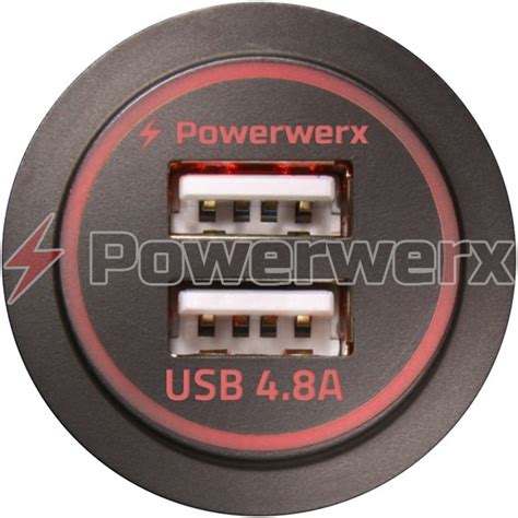 Powerwerx Backlit Red Panel Mount Dual Usb 48a Fast Device Charger For