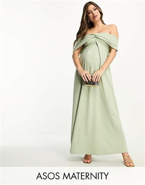 Asos Design Maternity Off Shoulder Twist Bardot Maxi Dress In Sage Asos