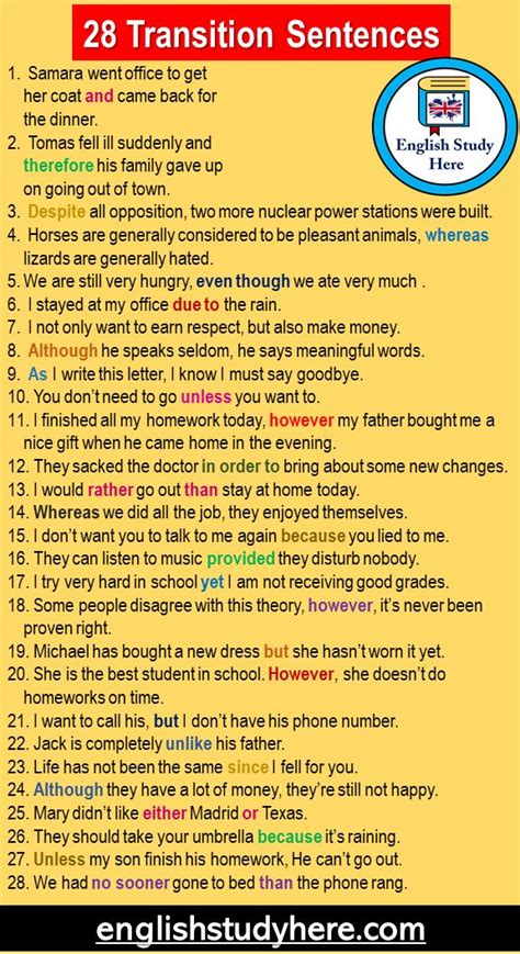 Transition Words With Examples Sentences