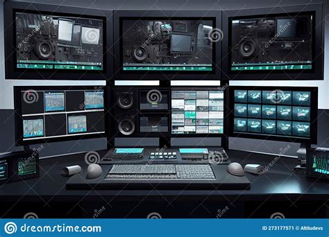 Monitoring Station With Camera Feeds And Screens Displaying Security Footage Stock Illustration