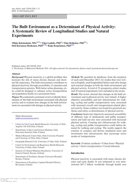 Pdf The Built Environment As A Determinant Of Physical Activity A