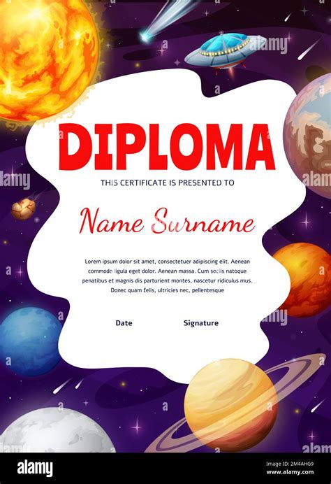 Kids astronaut diploma. Galaxy space planets and stars, ufo and comet ...