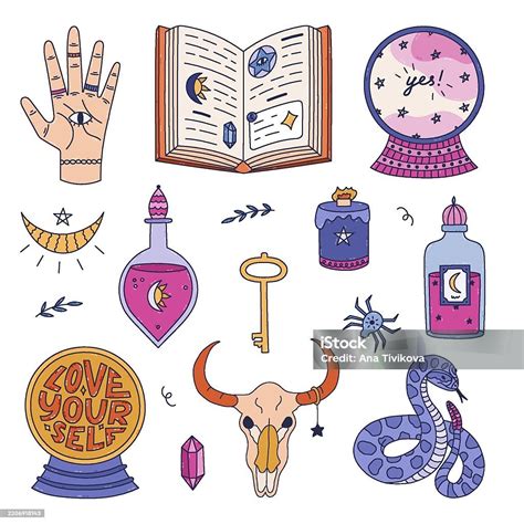 사랑스러운 만화 낙서 초자연적이고 매혹적인 세트 모든 보는 눈을 가진 귀여운 손으로 그린 손바닥 마법사의 수정 구슬 암소 두개골 뱀 달빛이 있는 물약 벡터 할로윈 마술