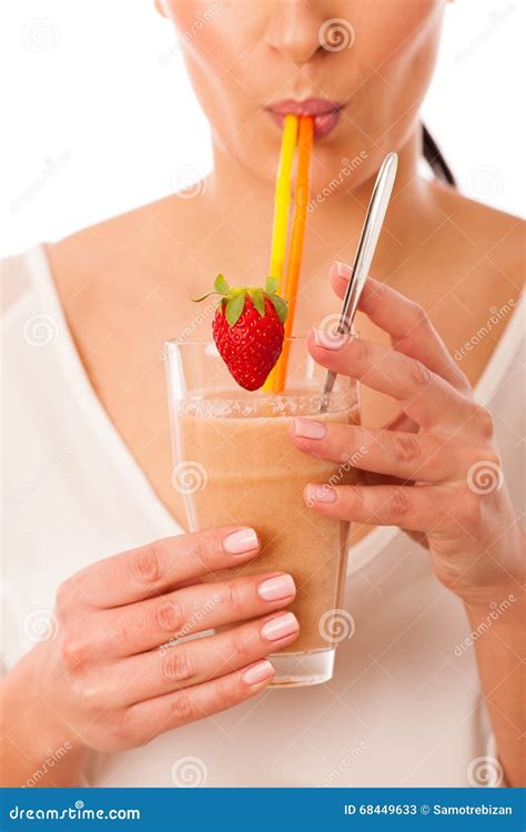 Woman Drinking Healthy Fresh Fruit Smoothie Decorated With Red S Stock