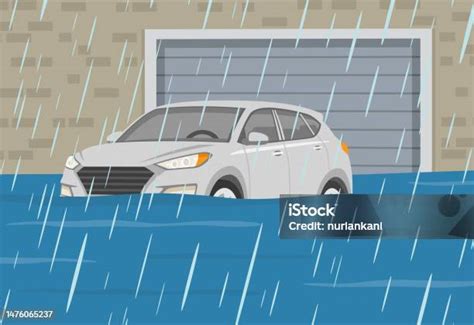 สภาพอากาศที่ฝนตก มุมมองด้านหน้าของโรงรถและรถเอสยูวีที่ถูกน้ําท่วม ภาพประกอบสต็อก ดาวน์โหลดรูป