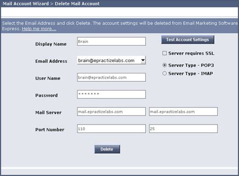 Email Marketing Software Delete Mail Account Screenshot