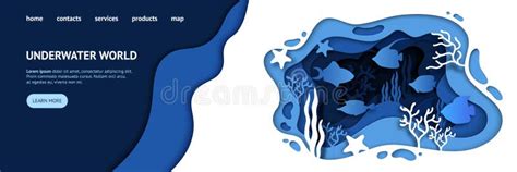 剪纸式水下世界着陆页 海洋珊瑚礁 矢量3d海洋动画夏季 向量例证 插画 包括有 家庭 设计 156258727
