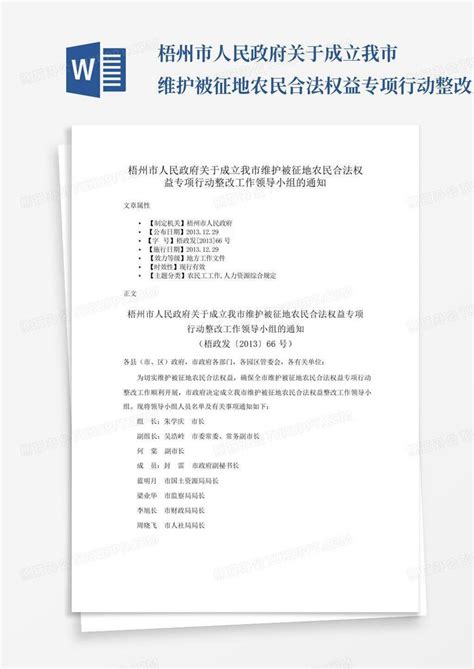 梧州市人民政府关于成立我市维护被征地农民合法权益专项行动整改工作领word模板下载编号lkykbjax熊猫办公