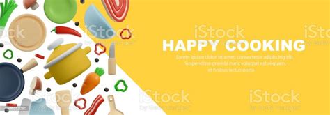 주방용품 3d 스타일로 행복한 요리에 대한 웹사이트 배너 템플릿 3차원 형태에 대한 스톡 벡터 아트 및 기타 이미지 3차원 형태 가정 생활 강철 Istock