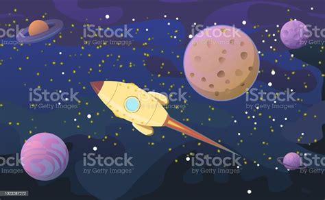 코스모스 배경 행성 그들의 위성과 로켓 별이 빛나는 하늘 풍경 어두운 색상 플랫 스타일 만화 디자인 벡터 0명에 대한 스톡 벡터
