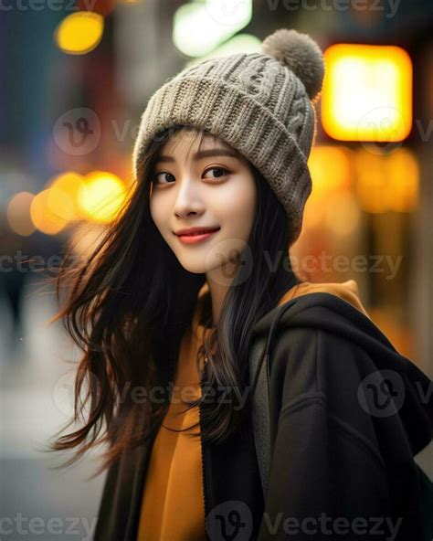 A Cheerful Korean Girl Wearing Hoodie And Knit Hat Ai Generative
