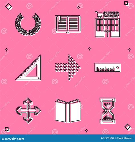 Set Laurel Wreath Open Book Supermarket Building Triangular Ruler Dots Arrow Ruler Pixel